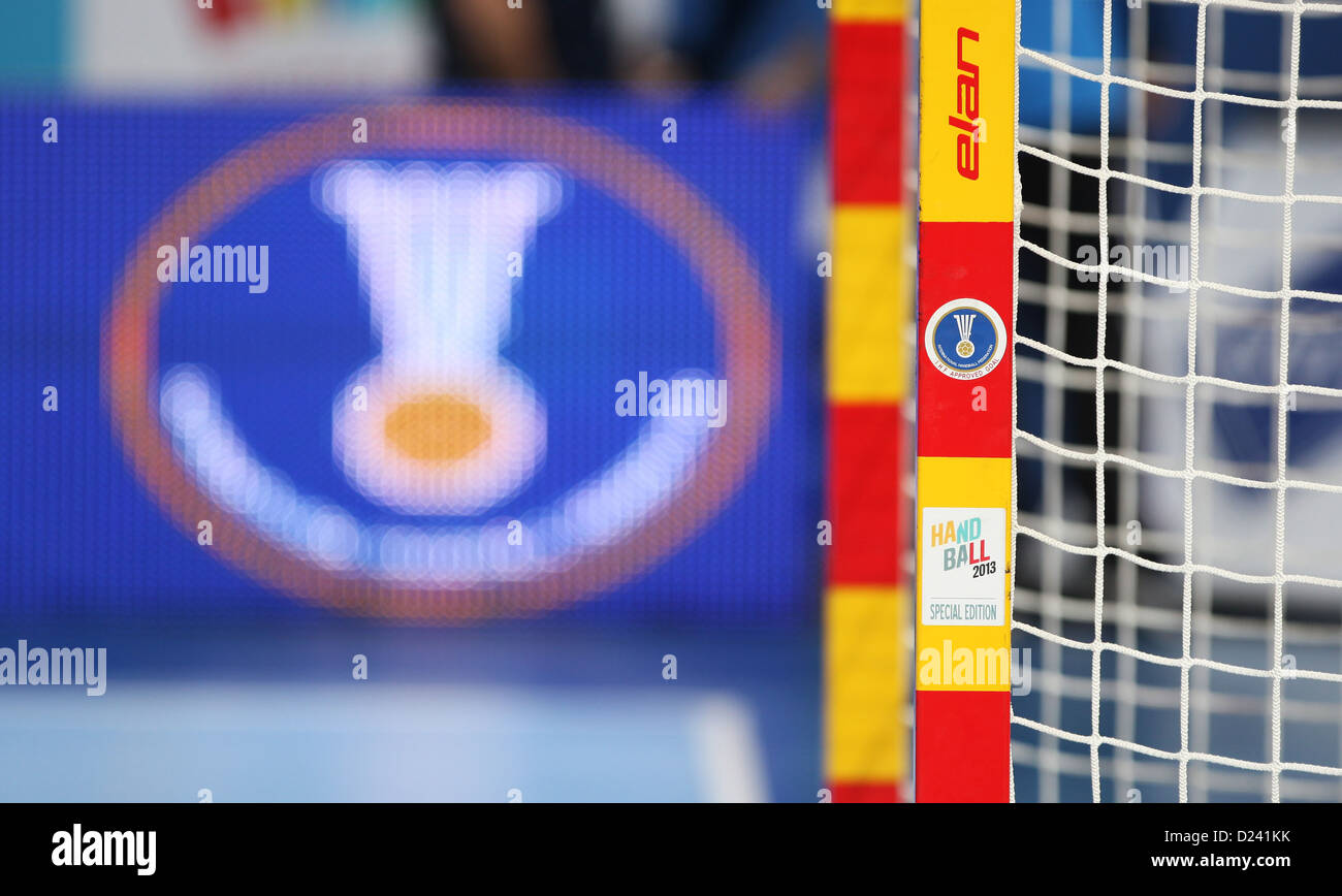 The logos of the competition and of the IHF are seen at a post prior to ...