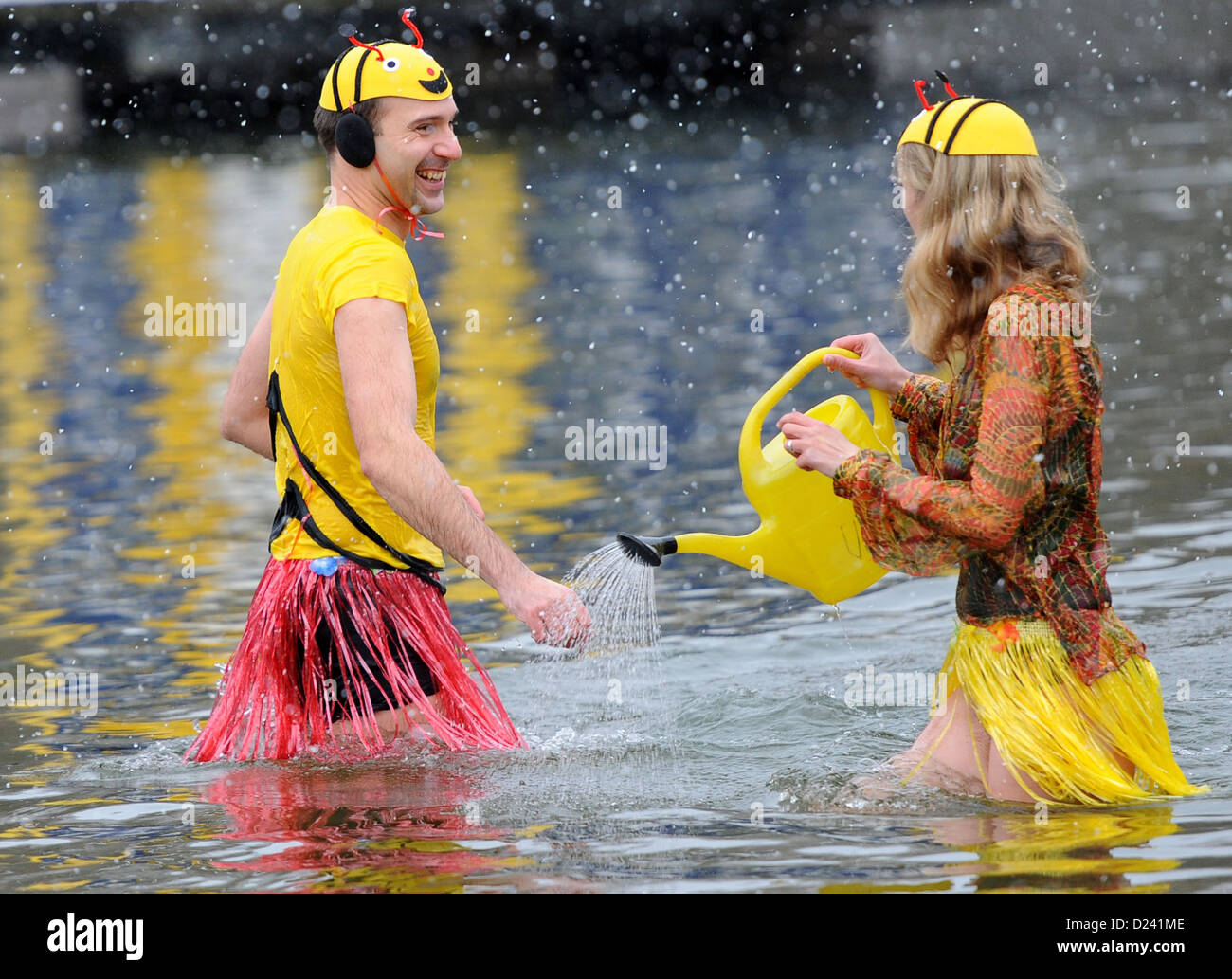 People bath in the Orankesee, Berlin, Germany, 12 January 2013 ...
