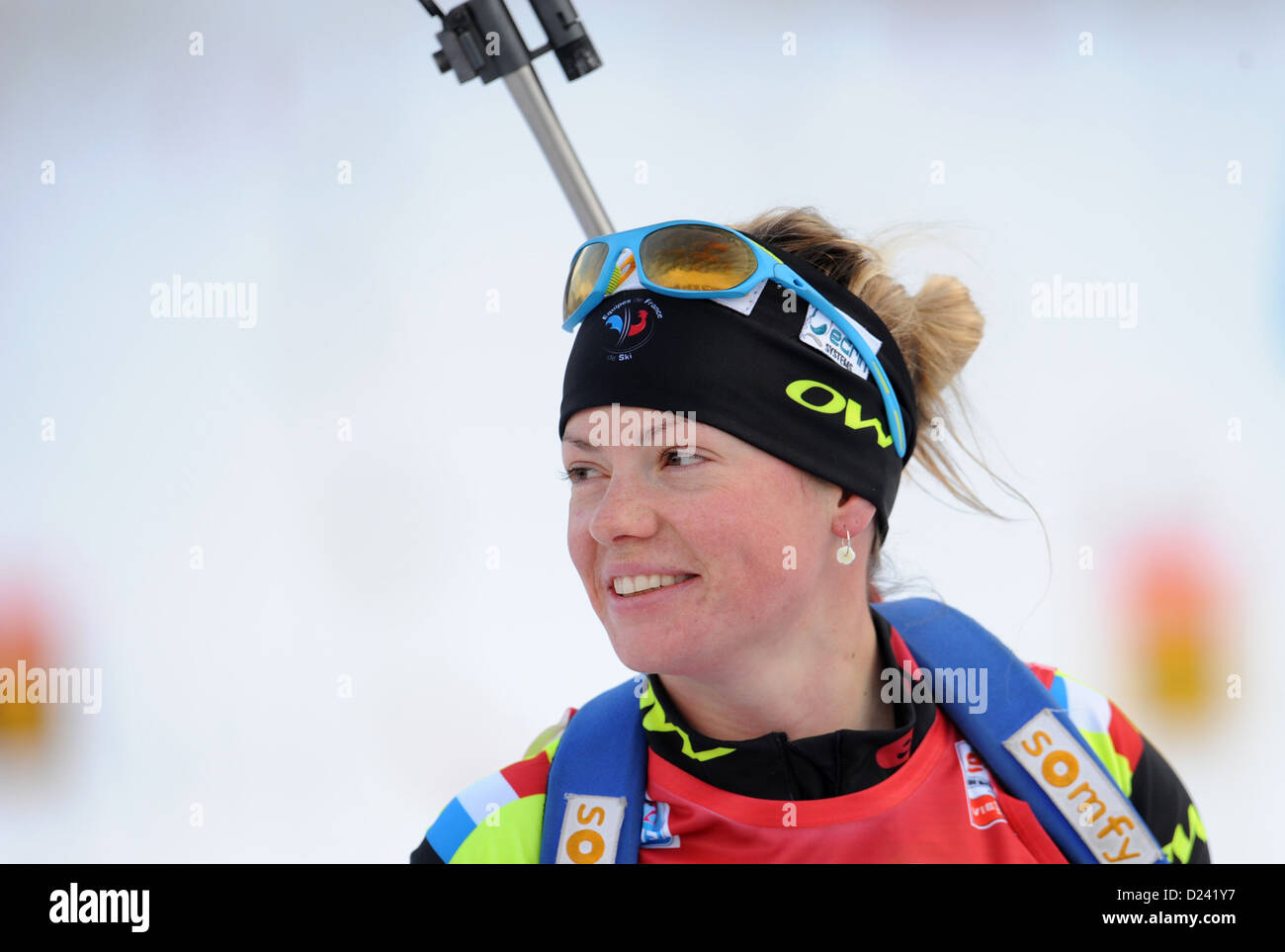 French biathlete Marie Dorin Habert smiles prior to the women's 12.5 km ...