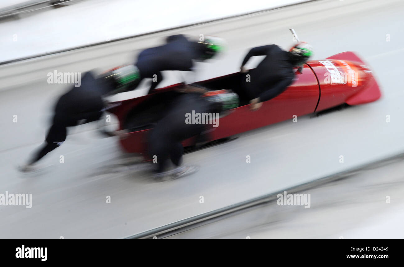 A bob team starts its run during the FIBT 4 Men Bob World Cup in ...