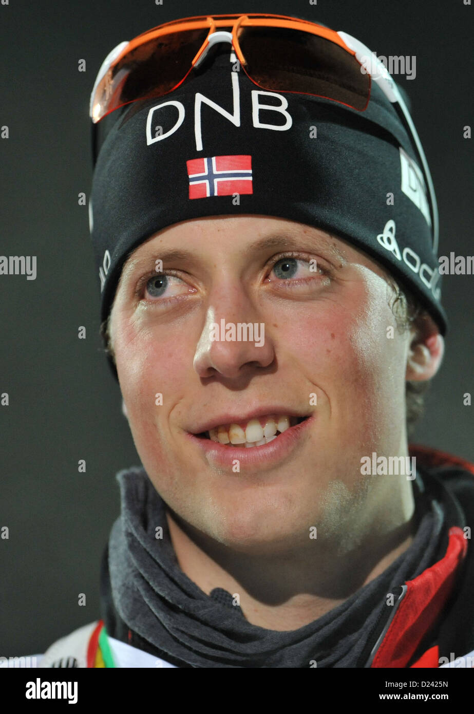 Norwegian biathlete Lars Helge Birkeland smiles after finishing sixth ...