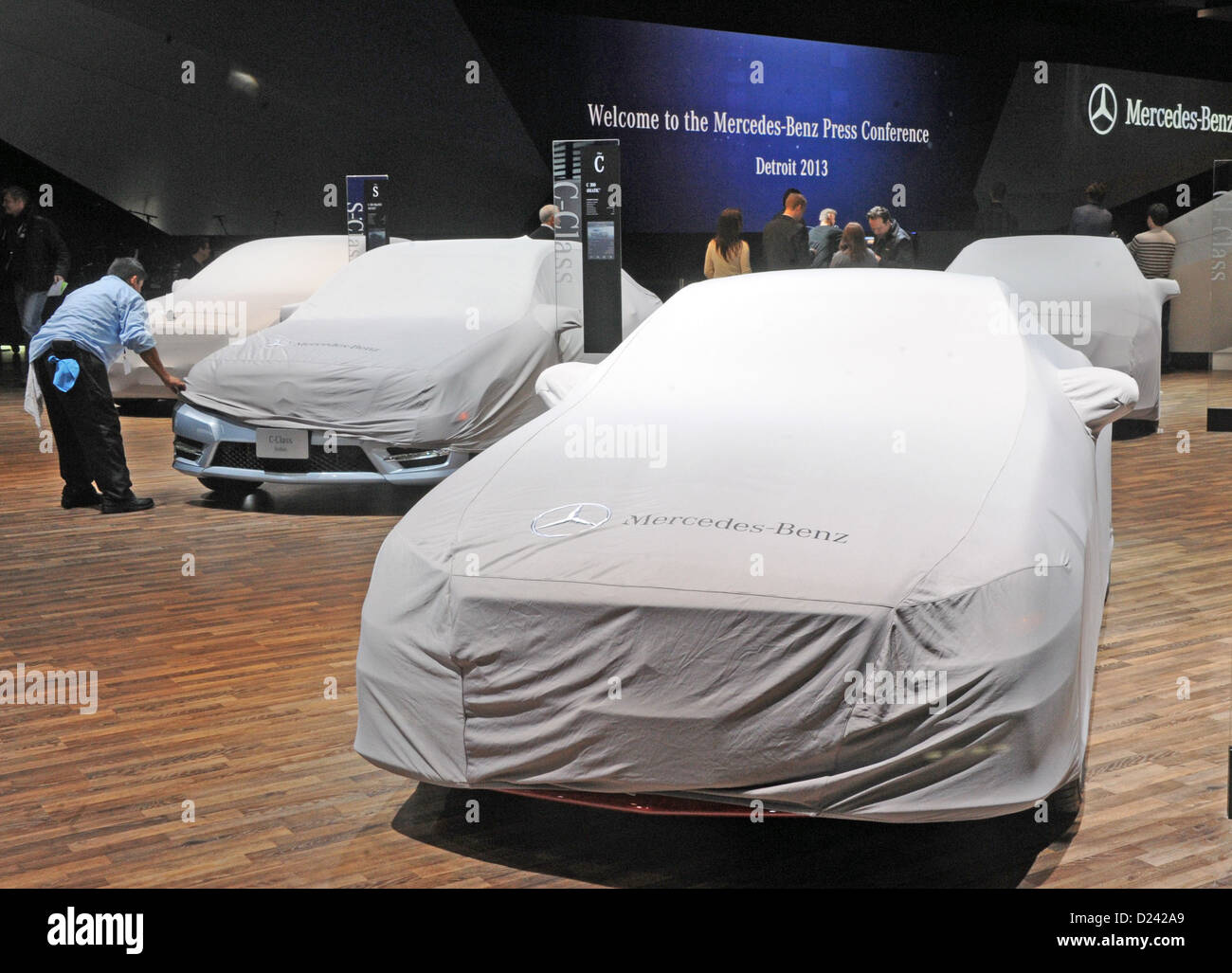 Veiled Mercedes-Benz vehicles are set up at the North American ...