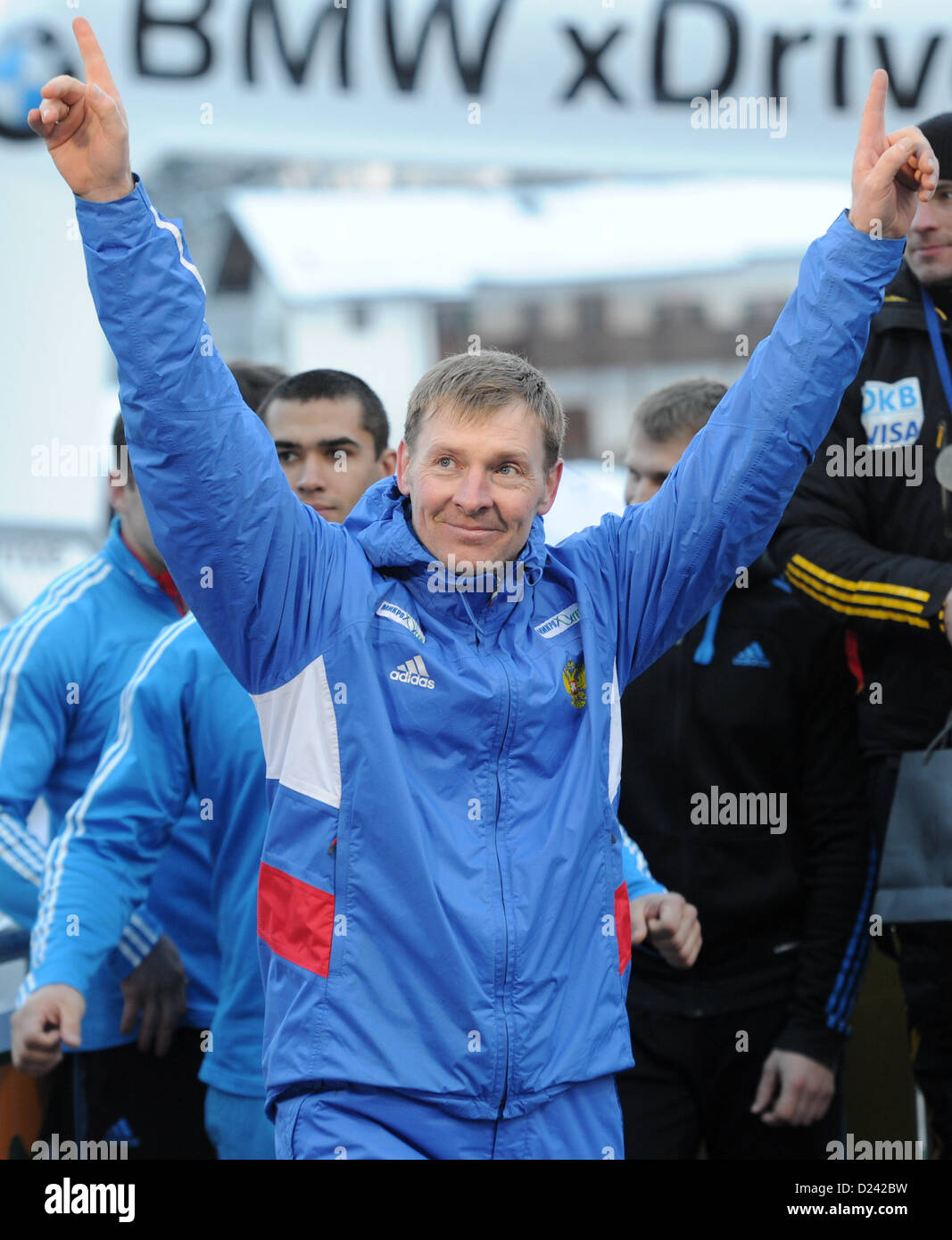 Russian bobsled racer Alexandr Zubkov waves prior to the award ceremony ...