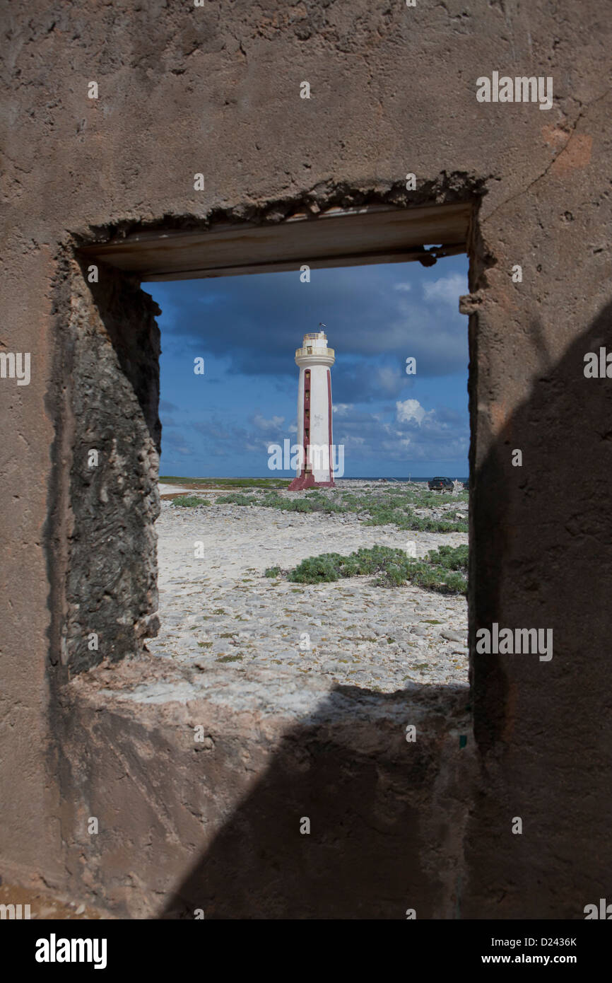 Looking at a lighthouse, through a window of a ruined building Stock ...
