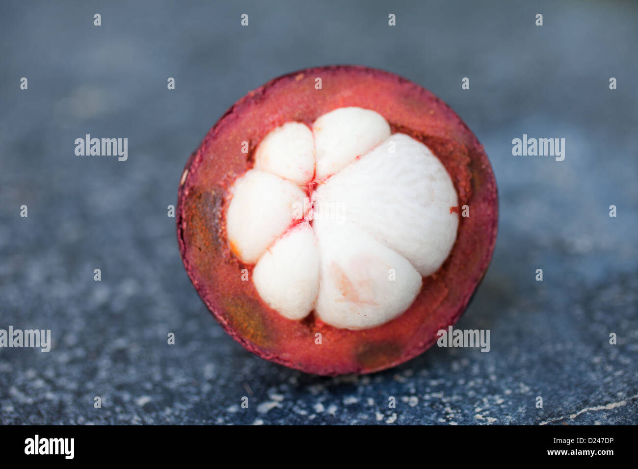Open mangostin sitting on black volcanic rock bearing its white flesh ...