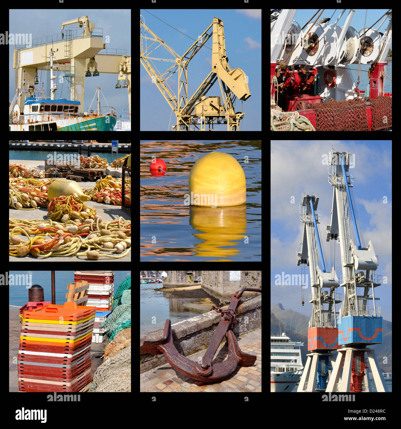 Eight photos mosaic of various objects in harbor Stock Photo - Alamy