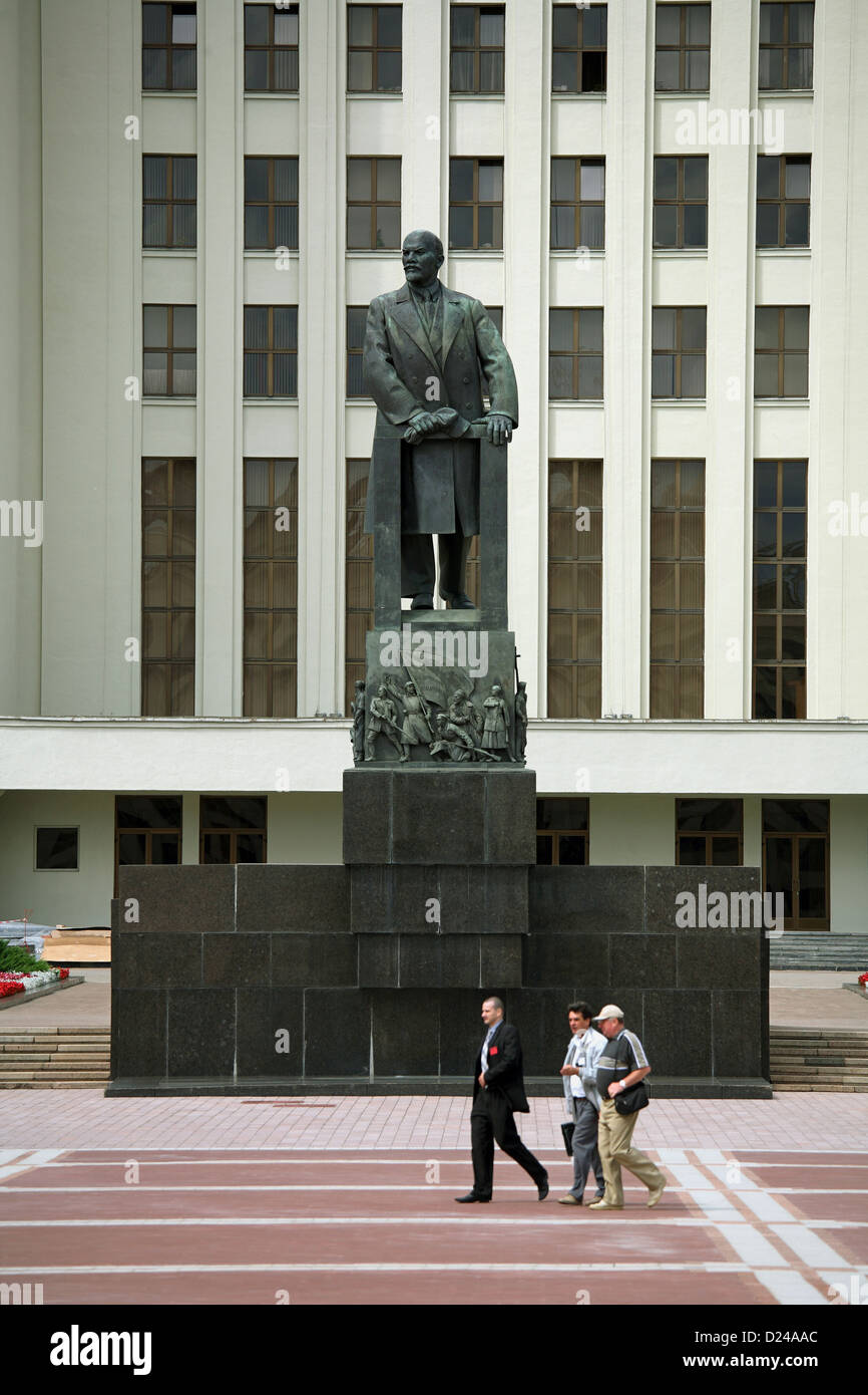 Minsk, Belarus, Lenin figure in front of the House of the Government of ...