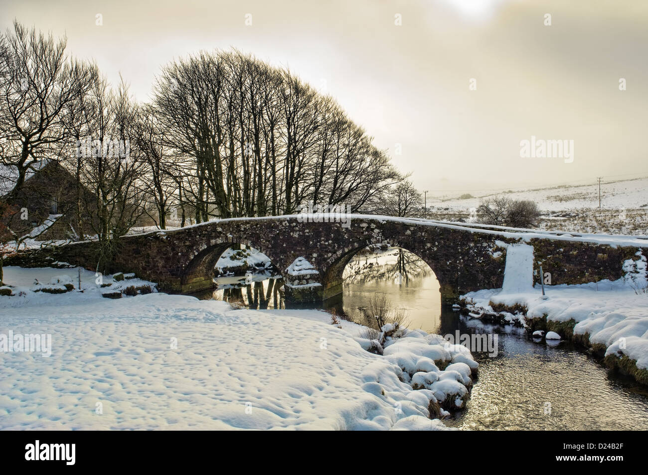 Winter scene of the Old Bridge at Two Bridges, on Dartmoor National ...