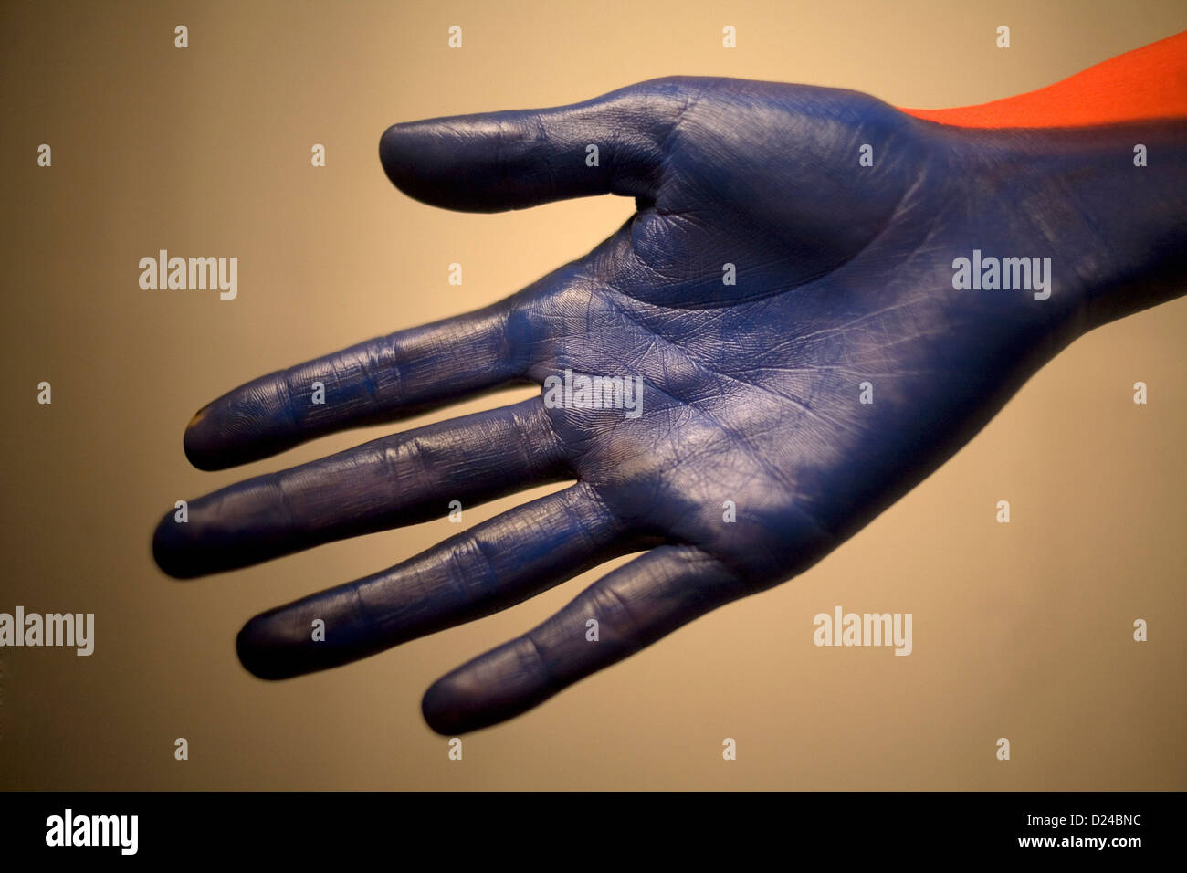 A model shows her hand painted in blue during a session with make-up ...
