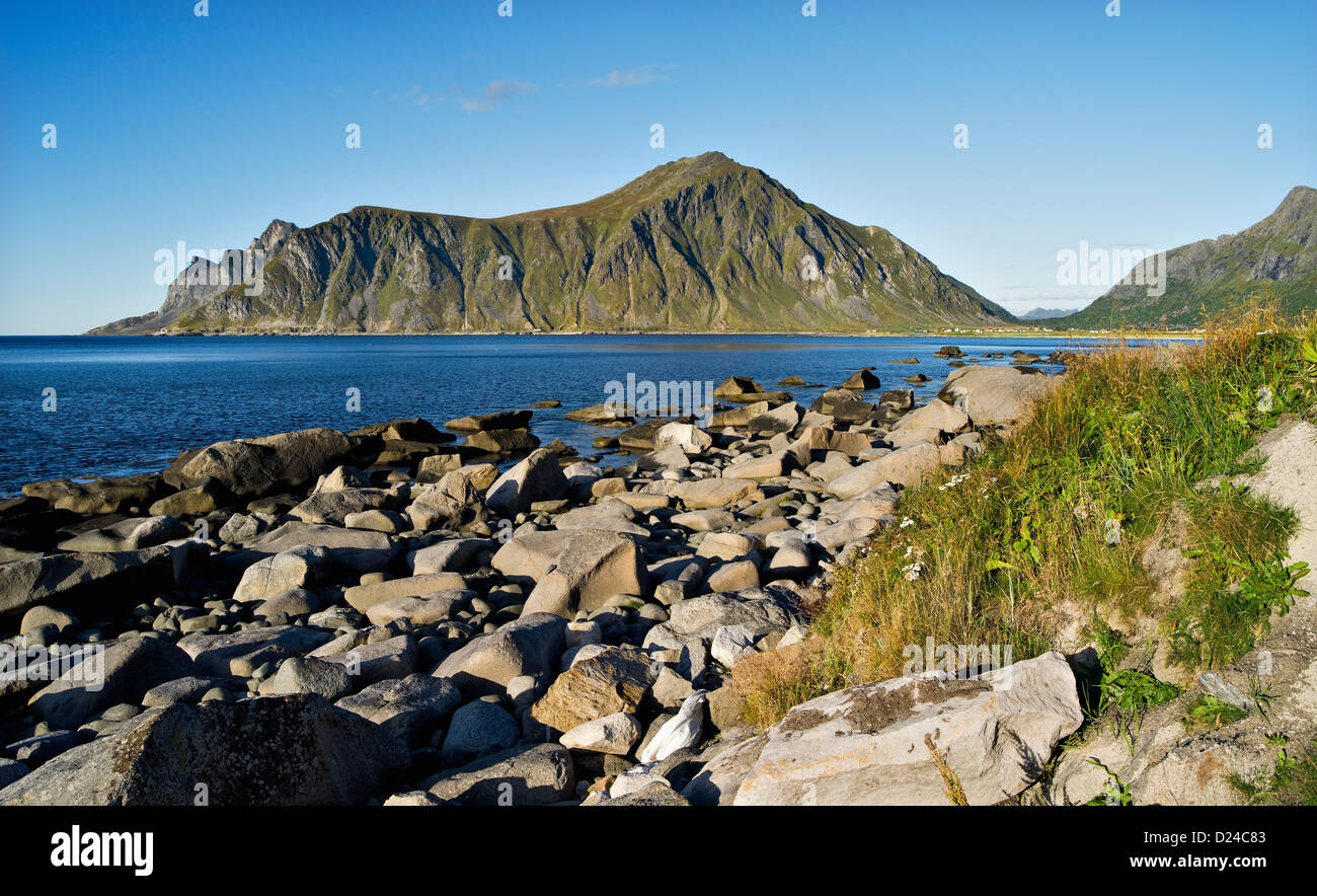 The beach at Skagen with the shapely peak of Hustind, Flakstad, Lofoten ...