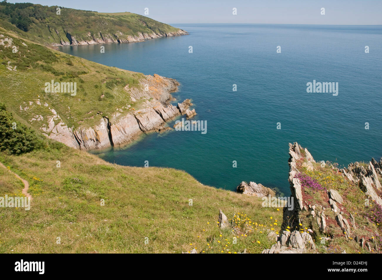 Impressive tilted rock strata at Pudcombe Cove on Devon's south coast ...