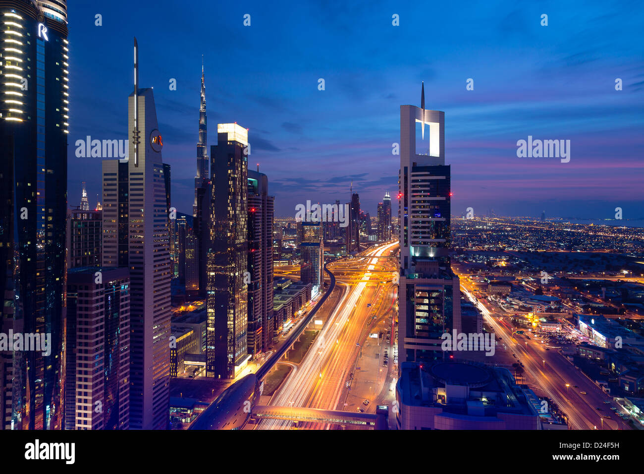 Dubai modern city skyline view at sunset, night with copy space. View ...
