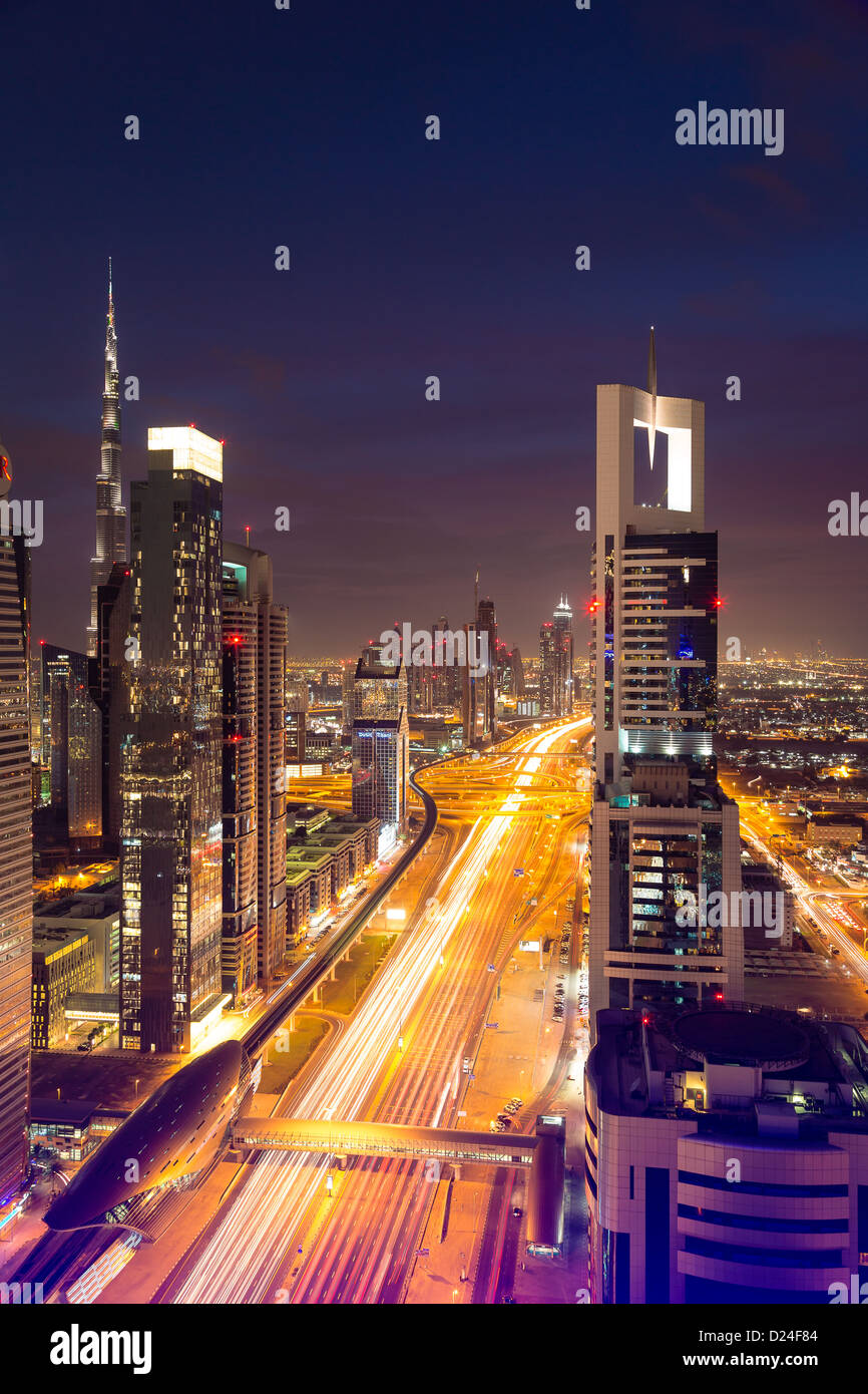 Dubai modern city skyline view at sunset, night with copy space. View ...