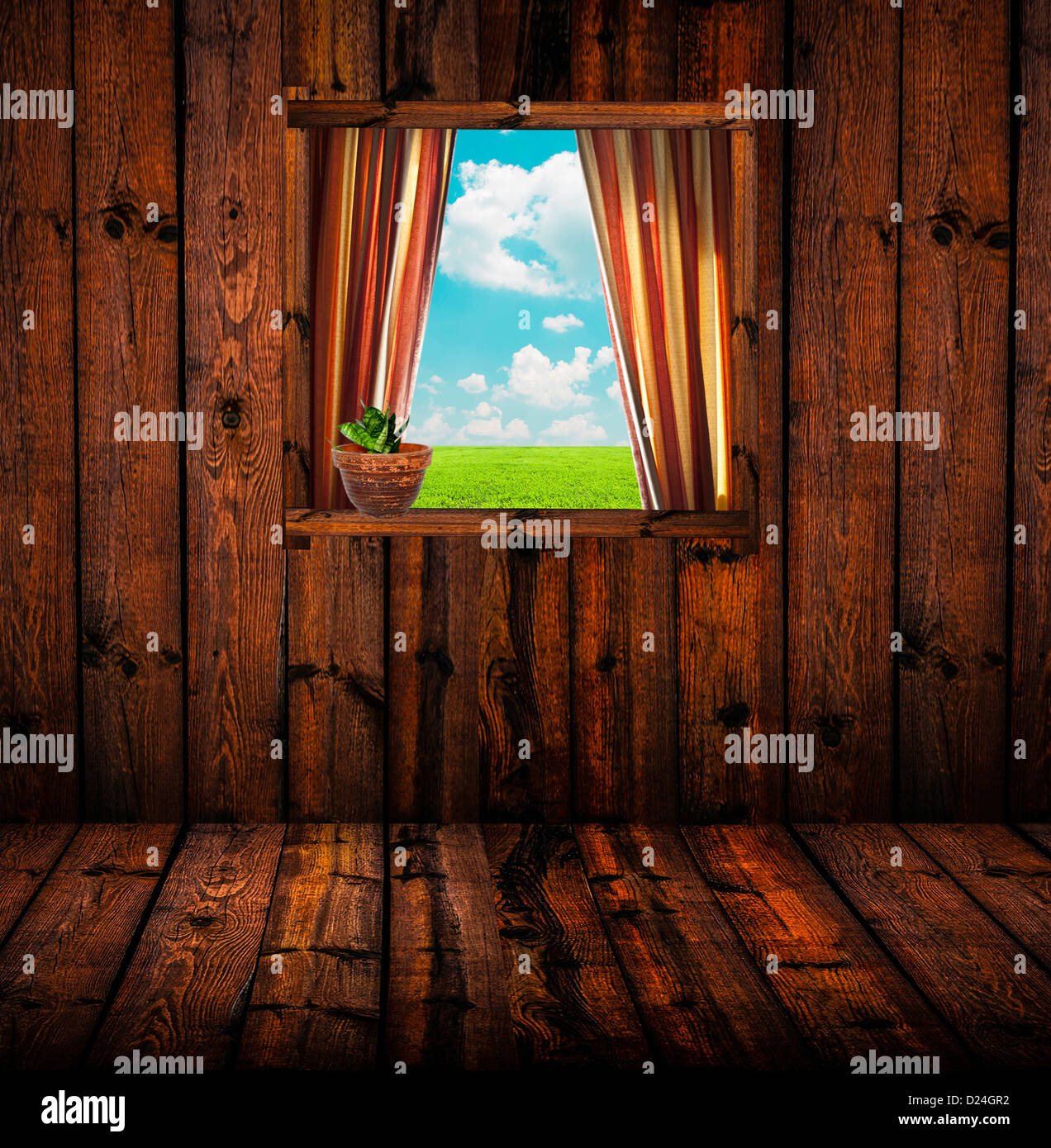 Landscape through window of wooden cottage Stock Photo - Alamy