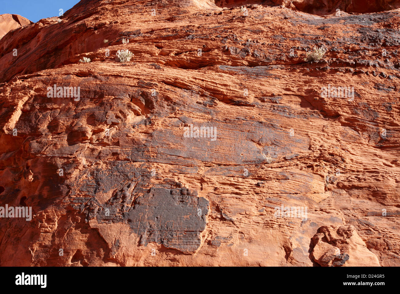 petroglyphs on sandstone rock cliff face on mouses tank trail valley of ...