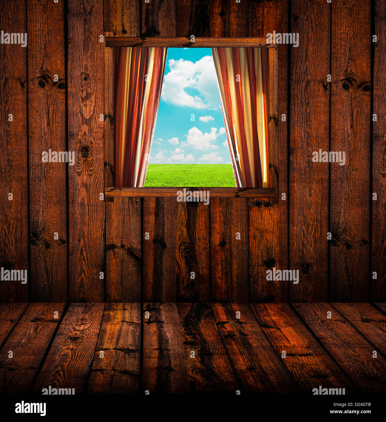 Landscape through window of wooden cottage Stock Photo - Alamy