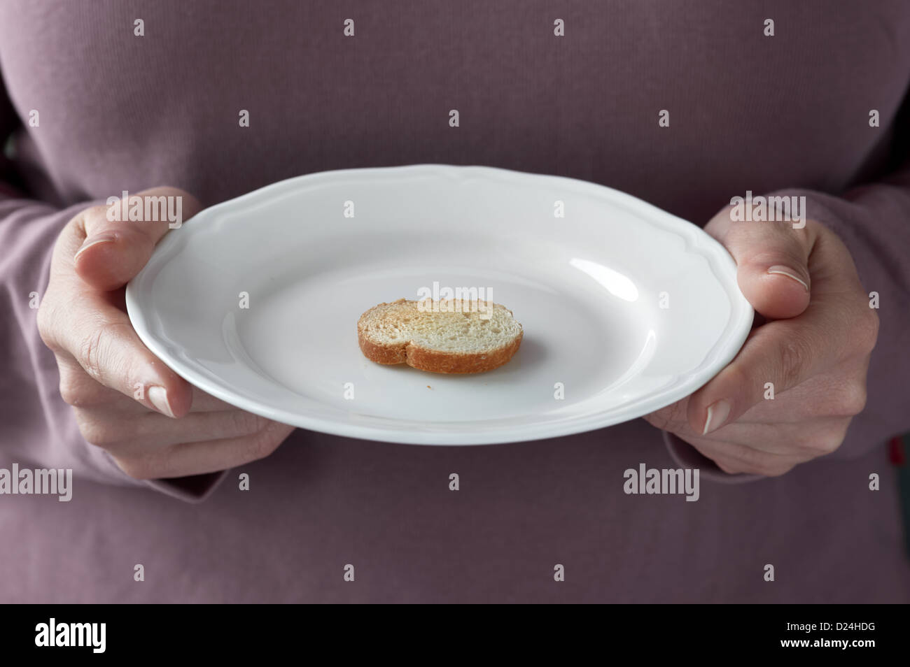 One small toast on the white plate. Small portion of food. Conceptual ...
