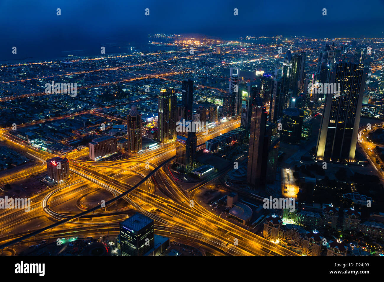 Dubai city skyline view from Burj Khalifa of downtown Dubai Stock Photo ...