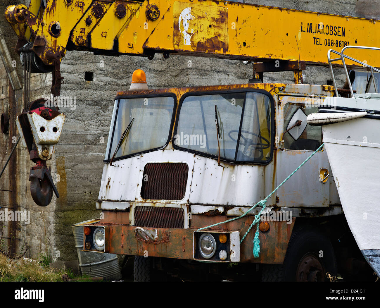 Ababdoned crane truck in old boatyard at Ballstad, Lofoten, northern ...