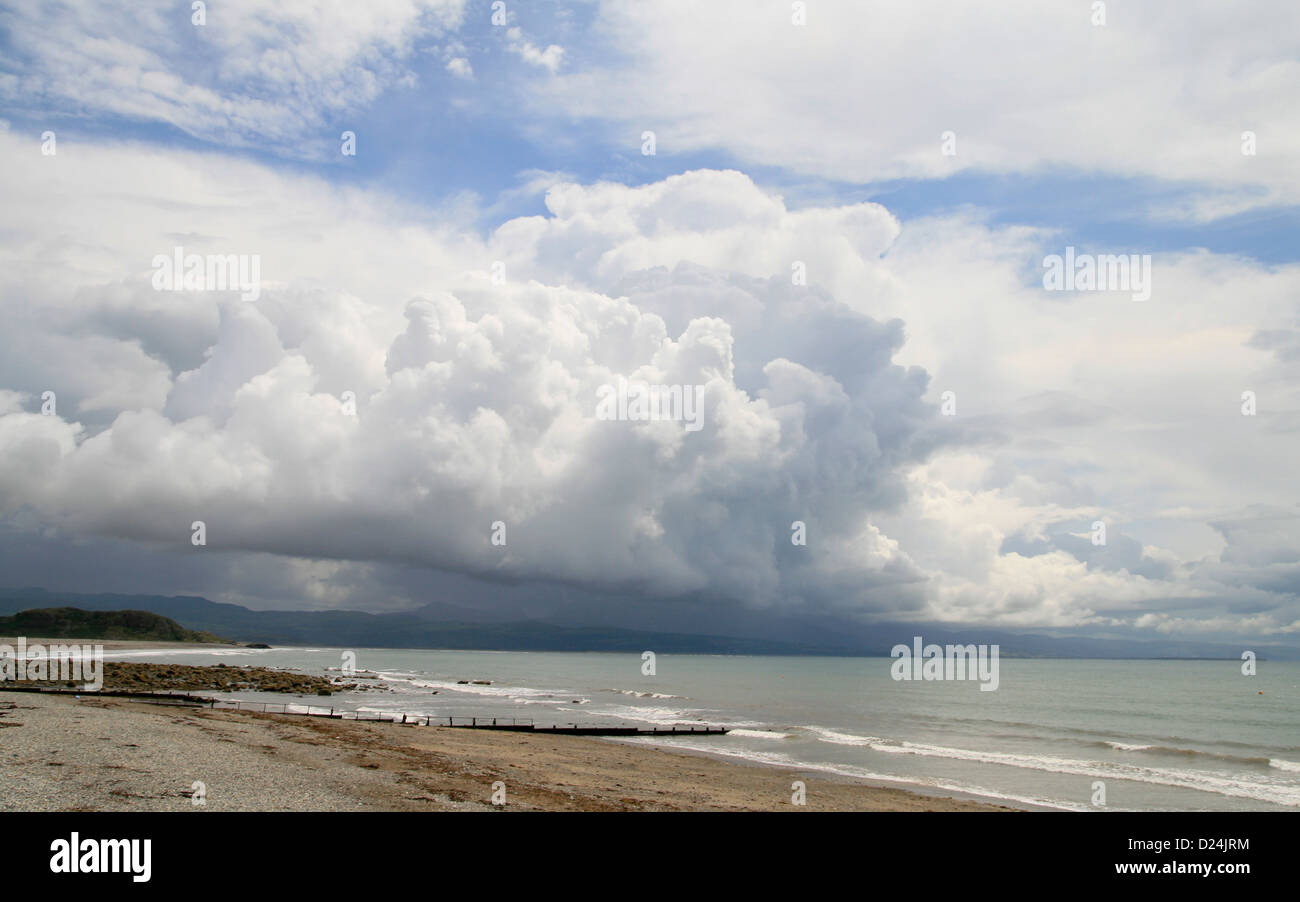 storm clouds building over sea and hills Criccieth Gwynedd Wales UK ...