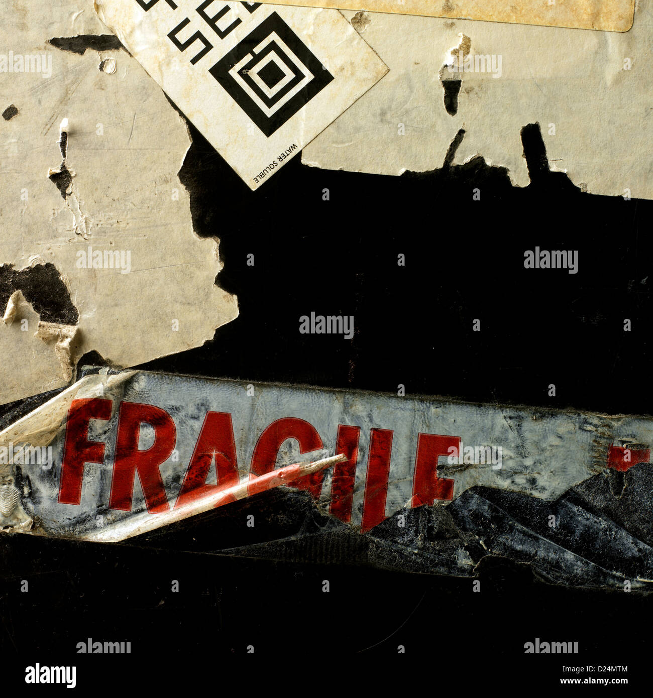 Old labels on flight case,Fragile Stock Photo - Alamy