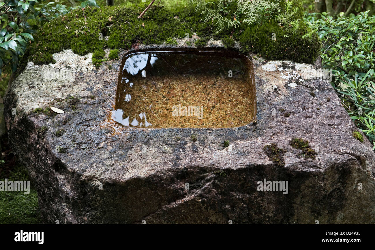 An old stone tsukubai or water basin for ritual washing or purification ...