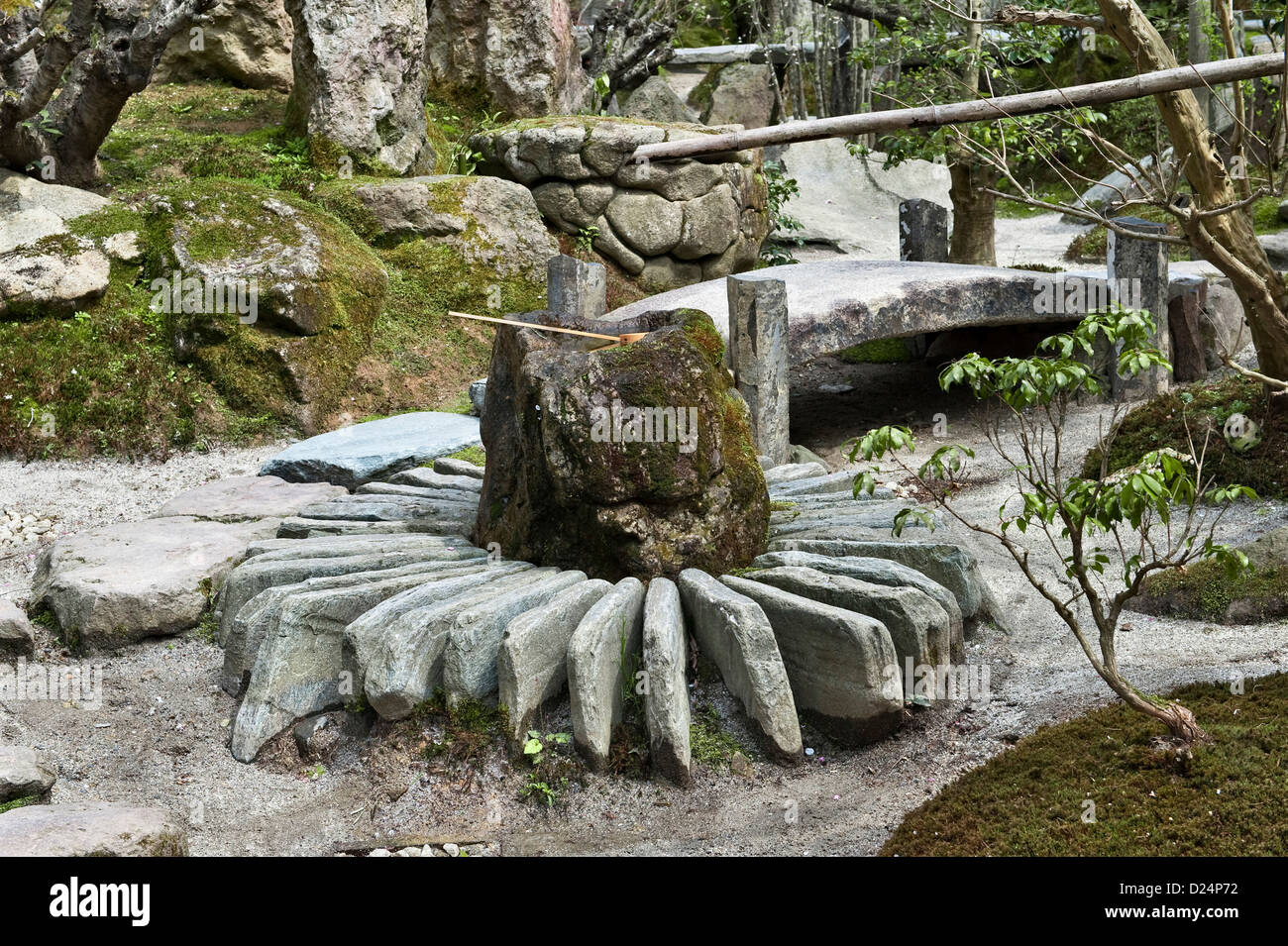 A modern tsukubai or water basin for ritual washing or purification, in ...