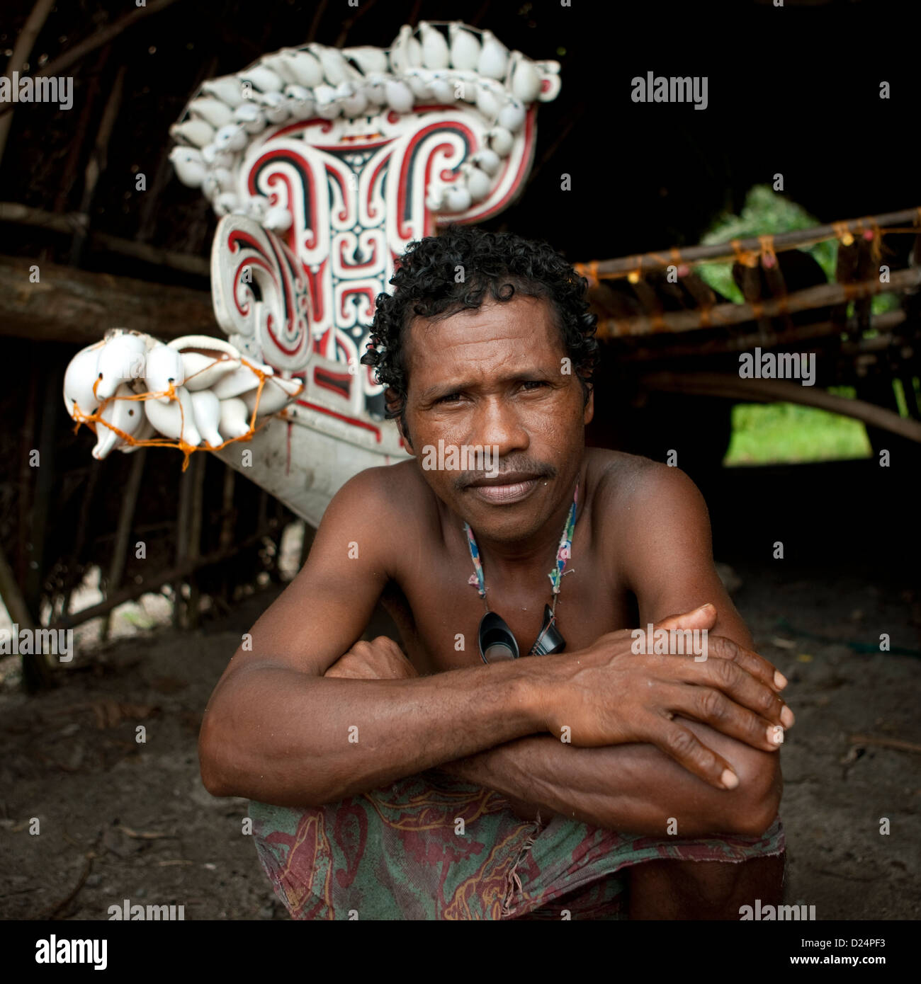 Sailor In Front Of Kula Canoe Decorated With Shells, Trobriand Islands ...