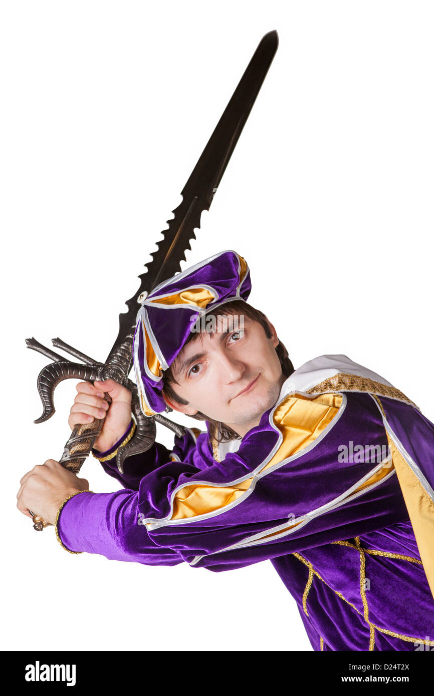 The actor in a suit of the prince with a sword isolated on a white ...