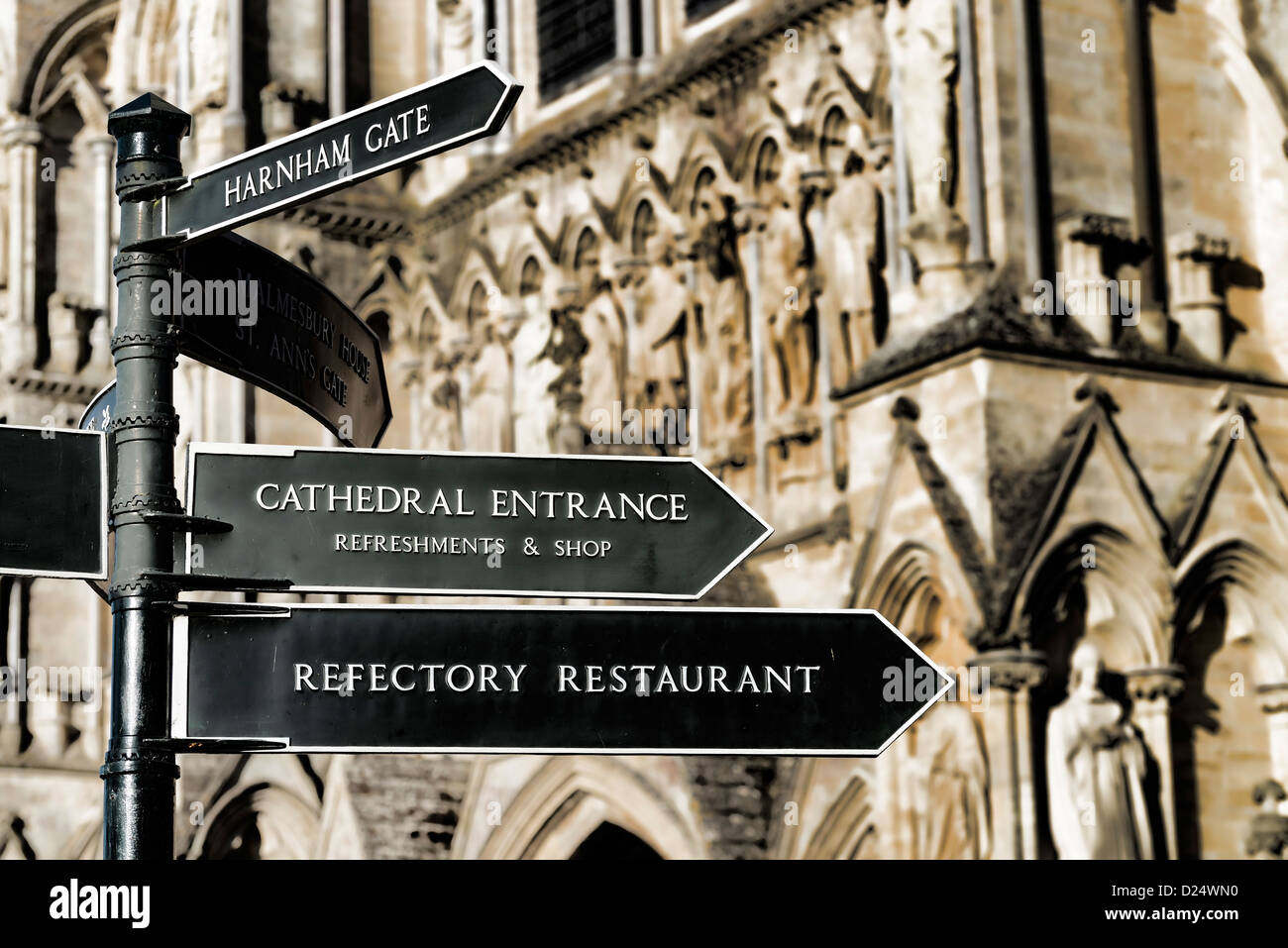 The west front of Salisbury Cathedral signs, England Stock Photo - Alamy