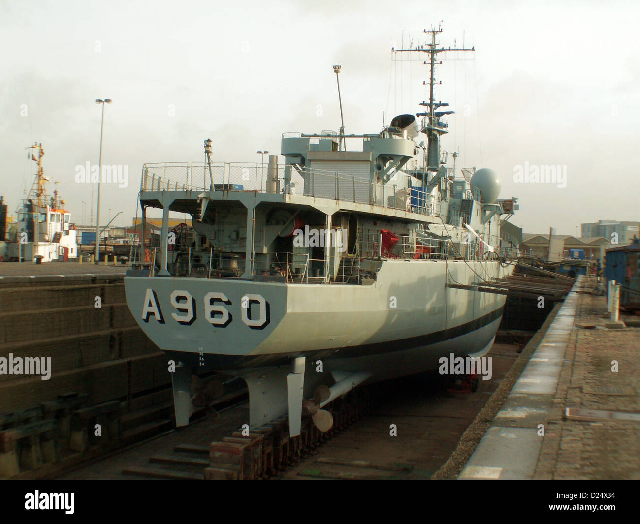The A960, displayed in drydock, is a modern research vessel designed ...