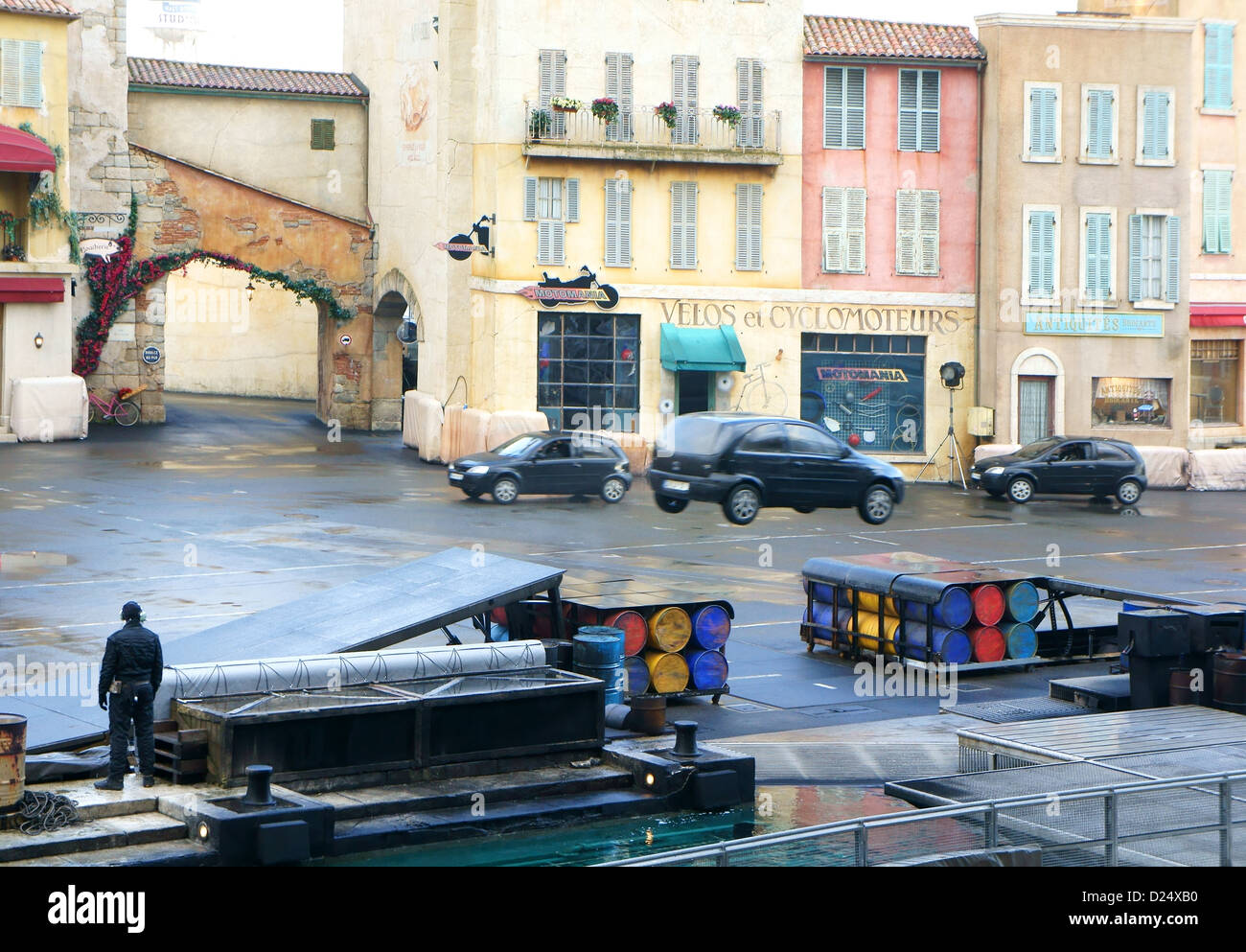 Stunt car show in Disneyland, Paris, France, with car in mid air after ...