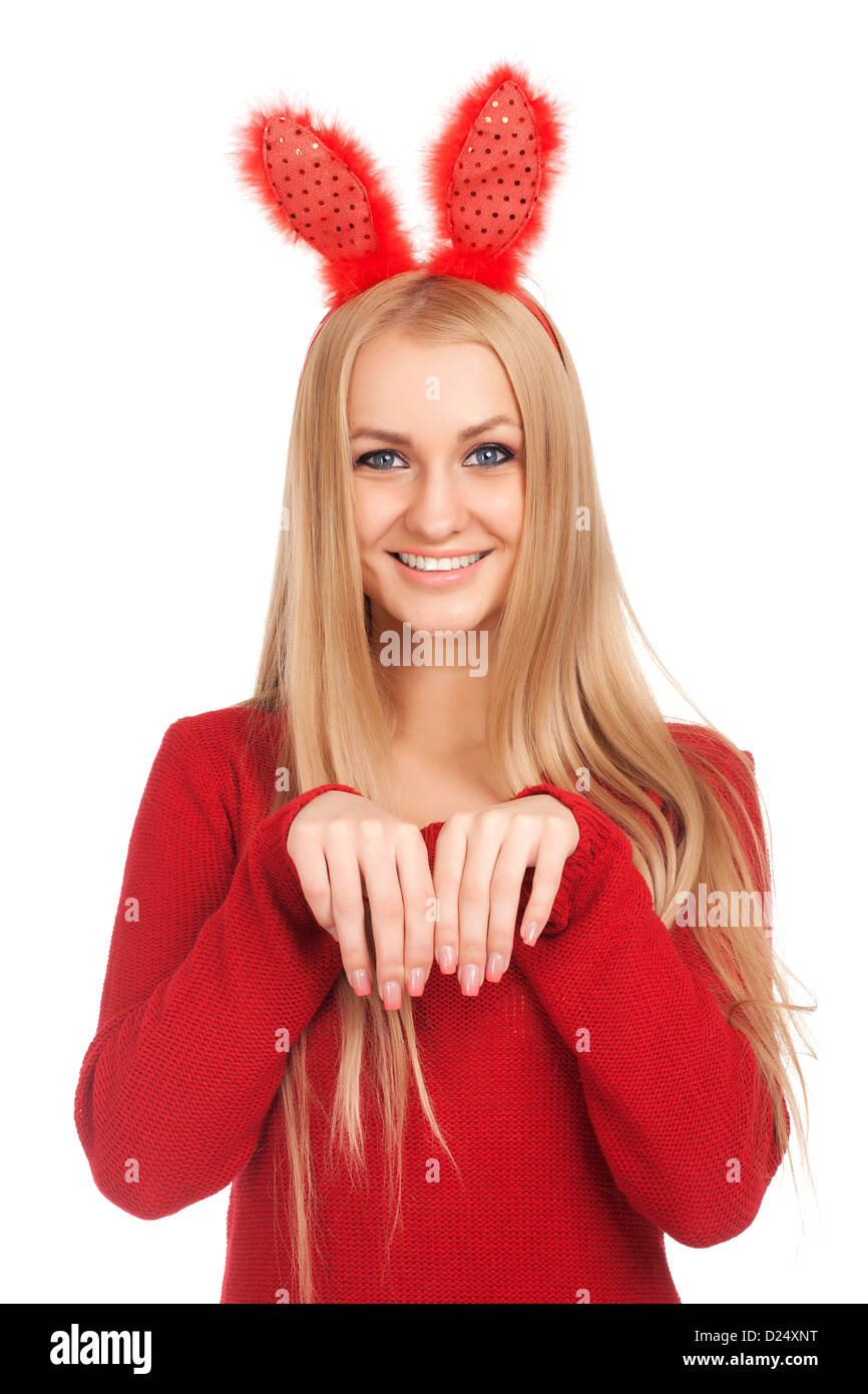 Beautiful young woman wearing bunny ears Stock Photo - Alamy