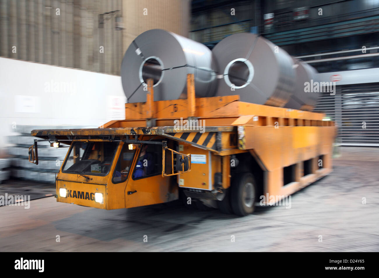 Eisenhuettenstadt, Germany, flat steel rollers on a transport vehicle ...