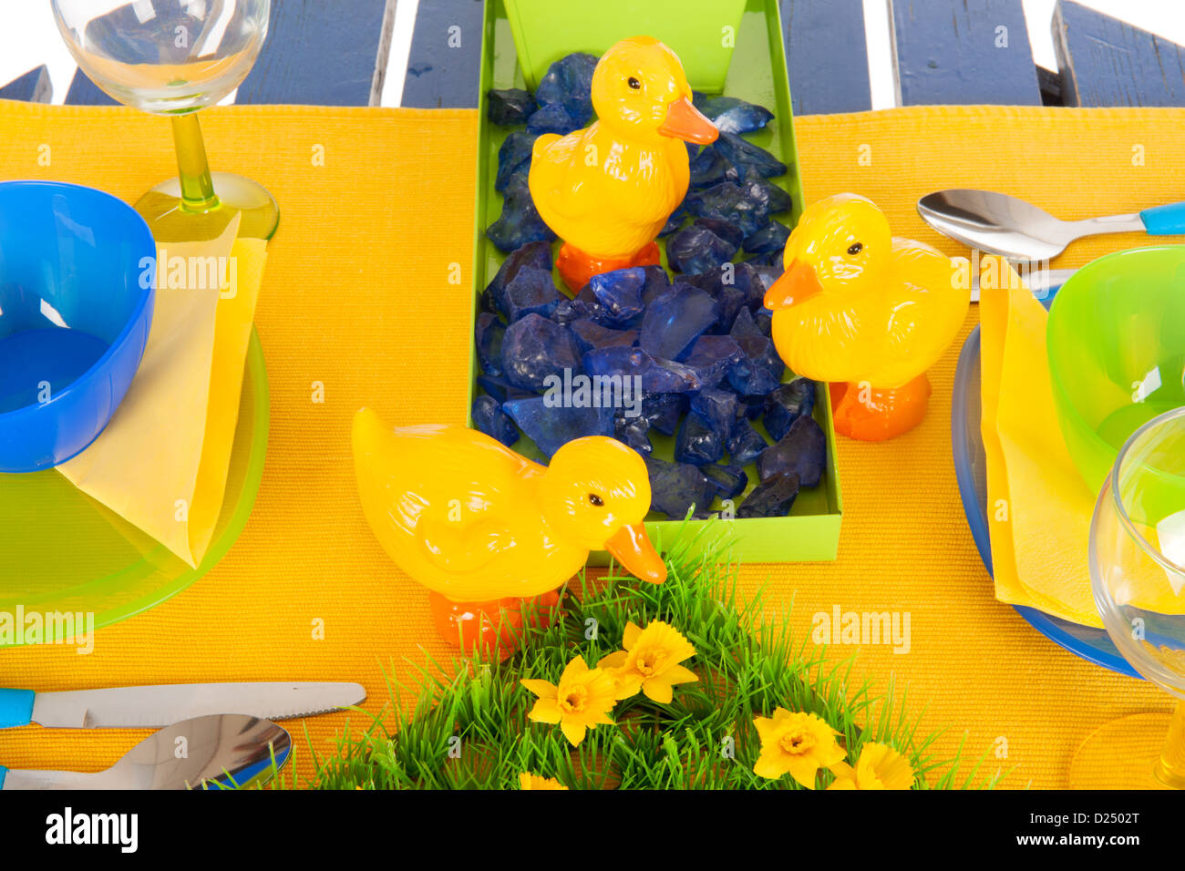 Detail easter table in blue and yellow Stock Photo - Alamy