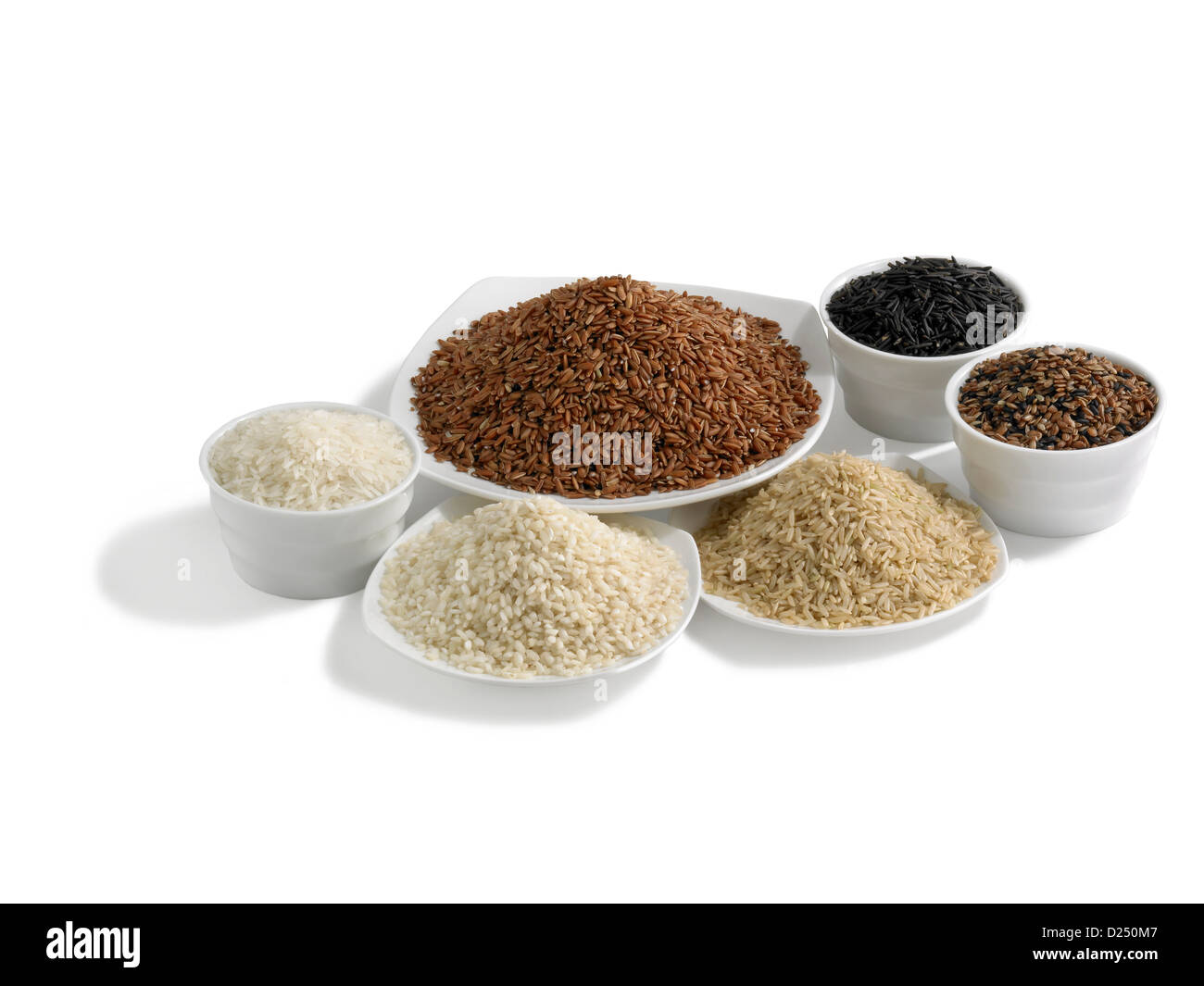 Assorted rice in bowls outlined on white Stock Photo - Alamy