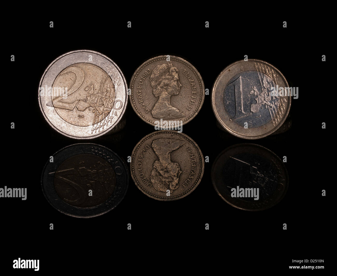 Pound and Euro coins on Black Stock Photo - Alamy