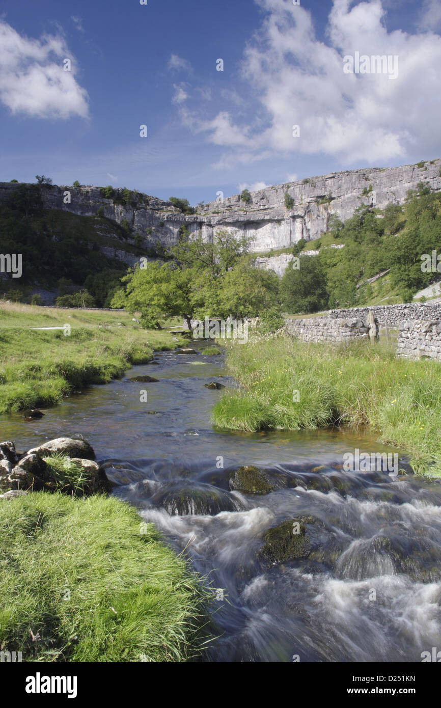View of stream and limestone cliff, Malham Cove, Malhamdale, Yorkshire ...
