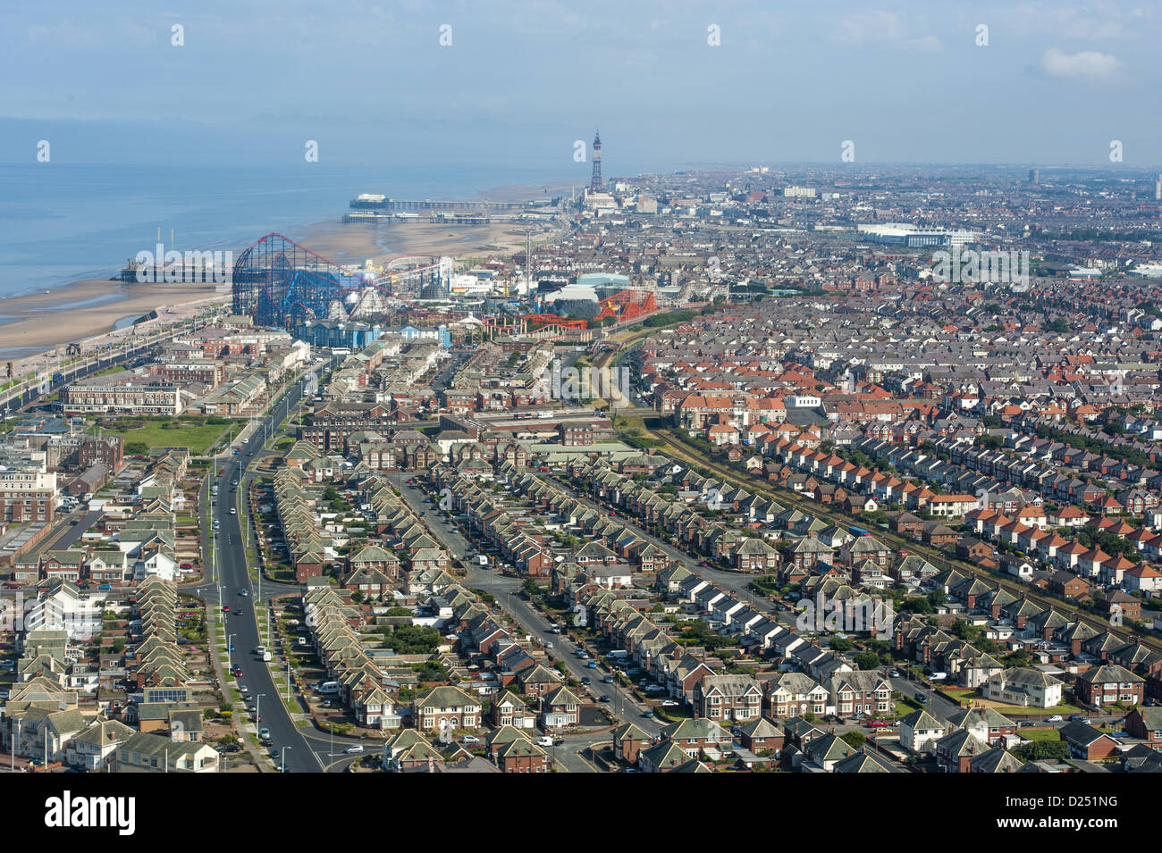 Aerial view of seaside resort town, Blackpool, Lancashire, England ...