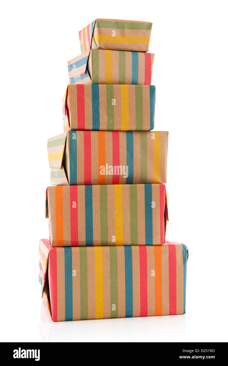 colorful stack with wrapped presents isolated on white background Stock ...