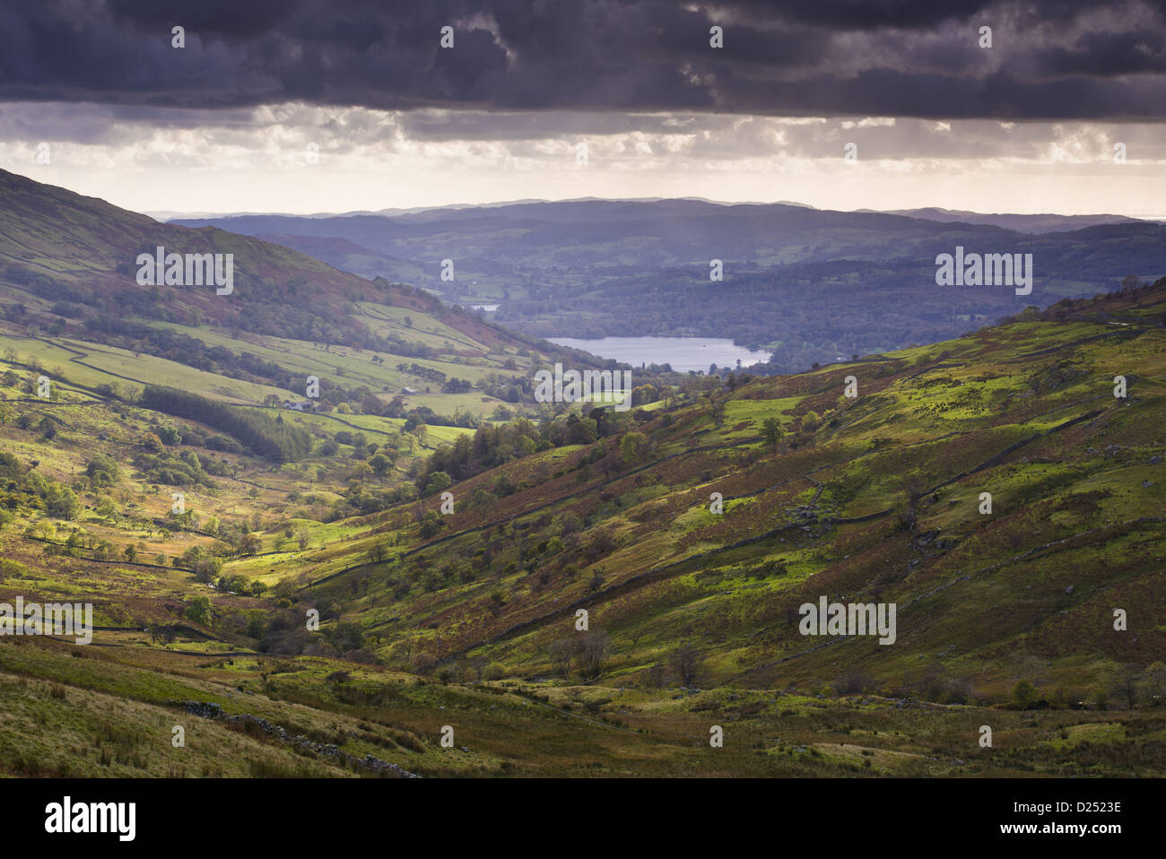 View of upland landscape and lake, viewed from Kirkstone Pass, Lake ...