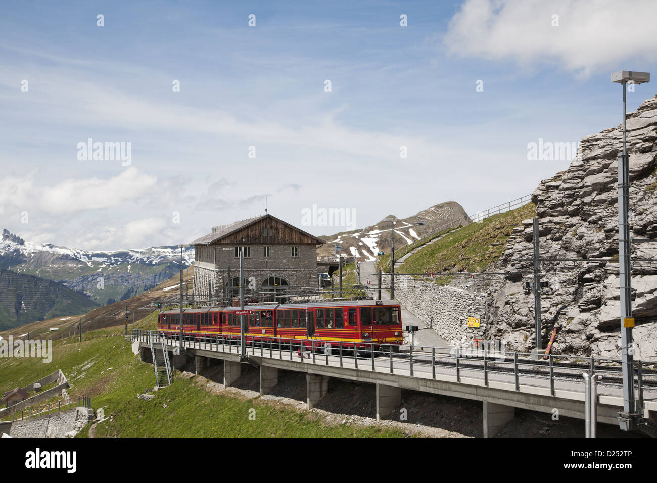 Jungfraubahn train at Eigergletscher Station, Bernese Alps, Switzerland ...