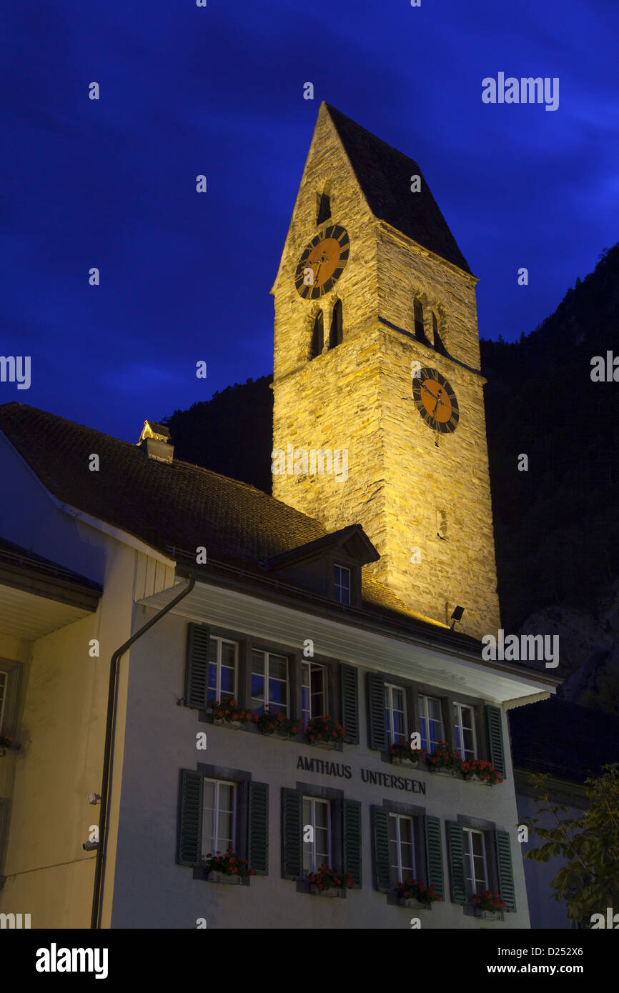 Town church illuminated at night, Unterseen, Interlaken, Bernese ...