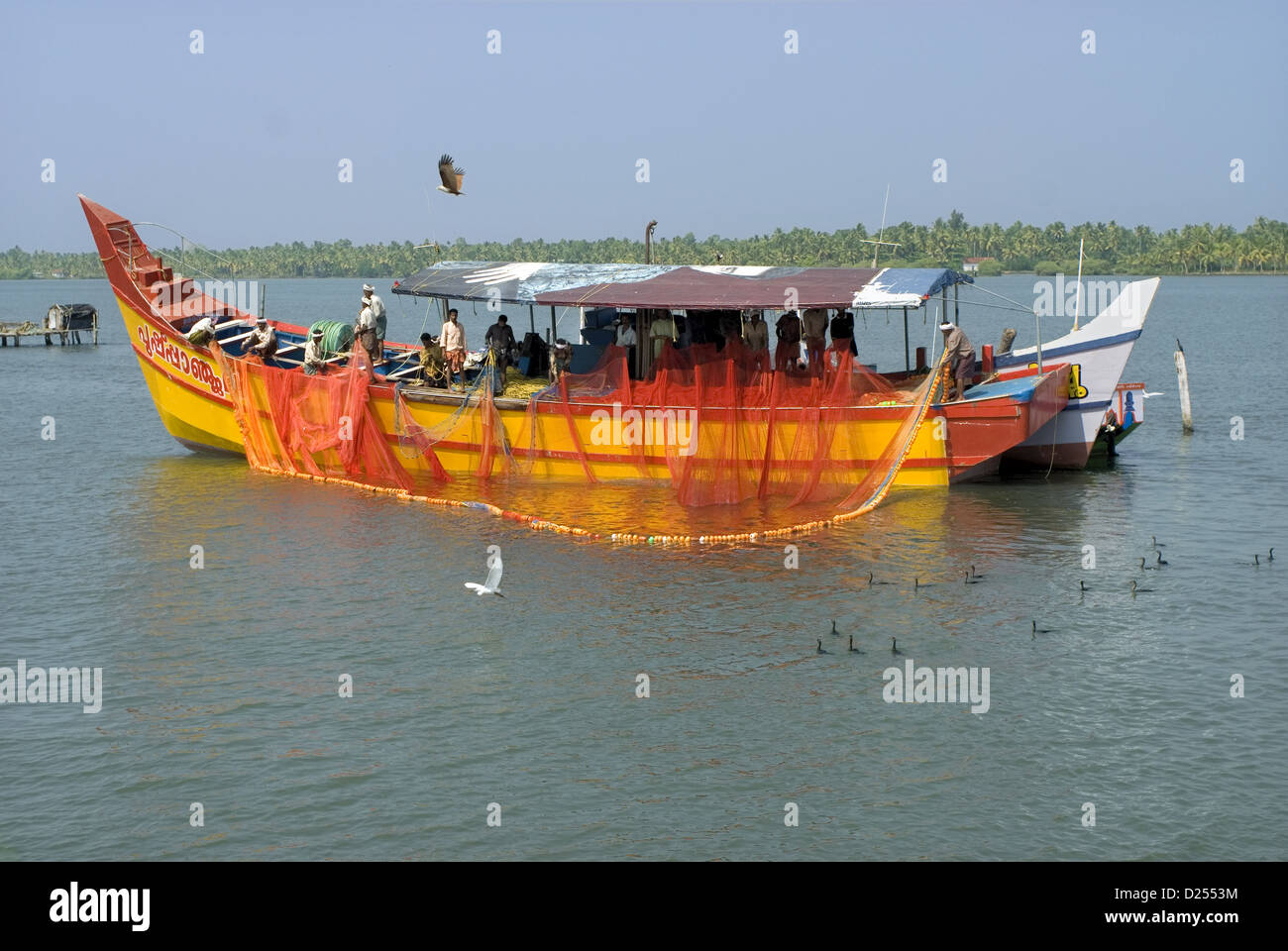 Fishing boat with fishermen rolling back nets in brackish lagoon after ...
