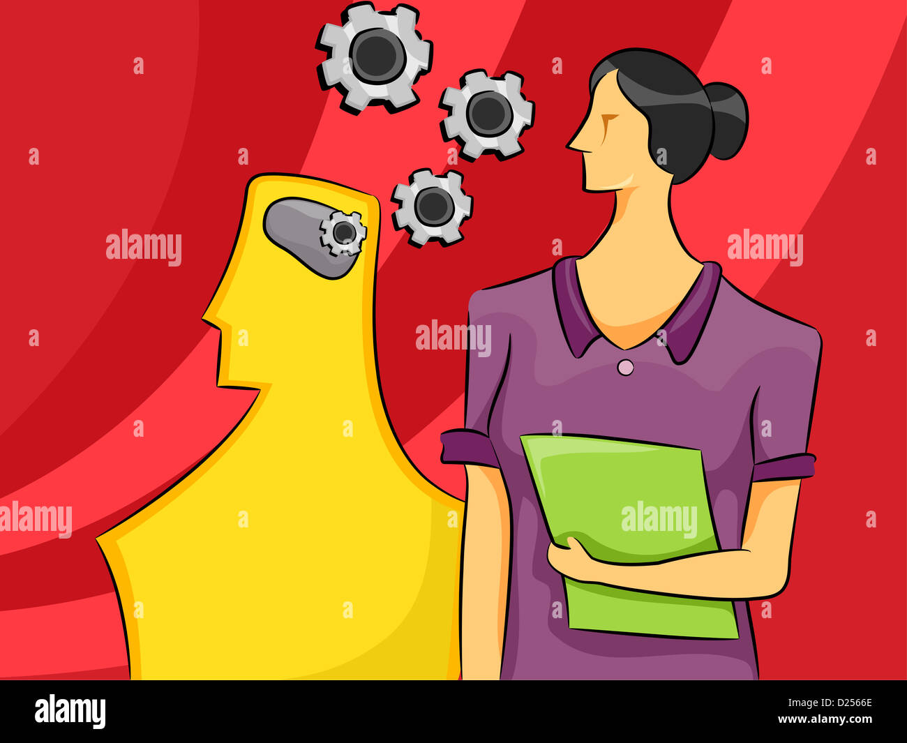 Cartoon Illustration of a Woman with a Mind Gear Psychology Symbol at ...