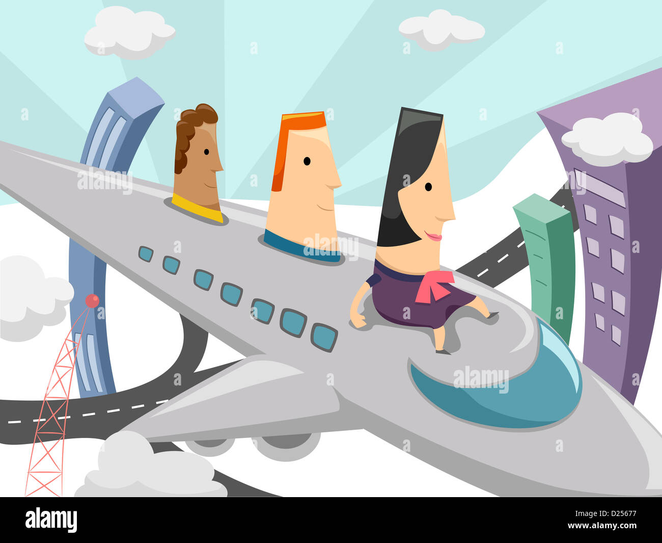 Cartoon Illustration of a Woman Flying on an Airplane Stock Photo - Alamy