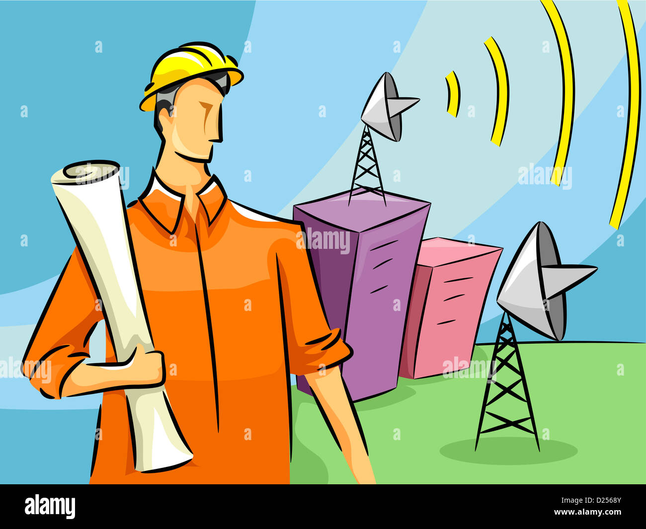 Illustration of a Male Communications Engineer Standing Near a ...