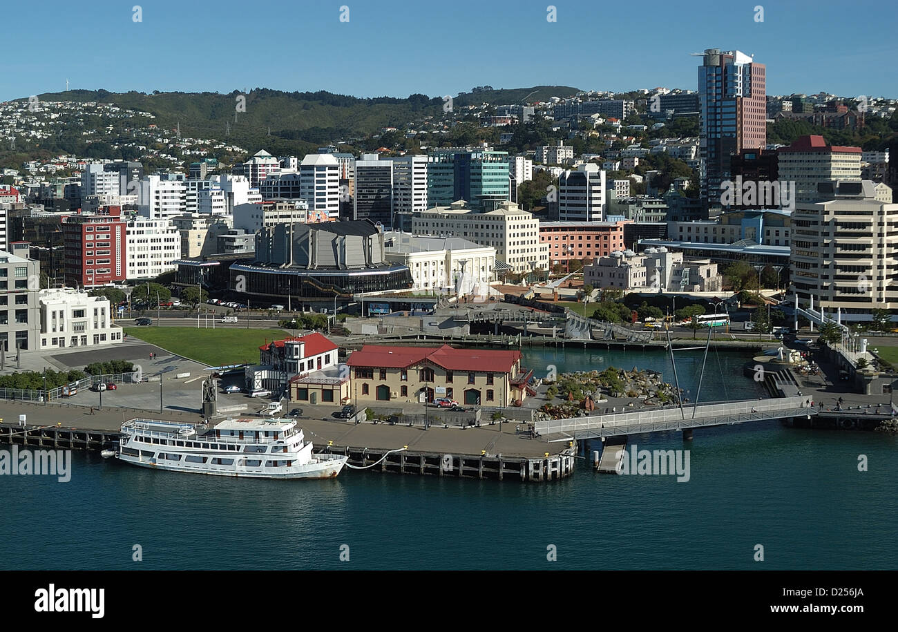 A Low aerial view of Wellington, New Zealand, showing waterfront lagoon ...