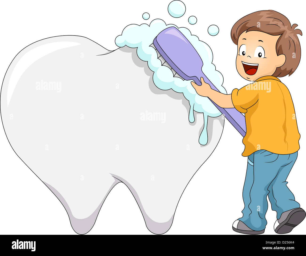 Illustration of a Boy Using a Large Toothbrush to Clean a Giant Tooth ...