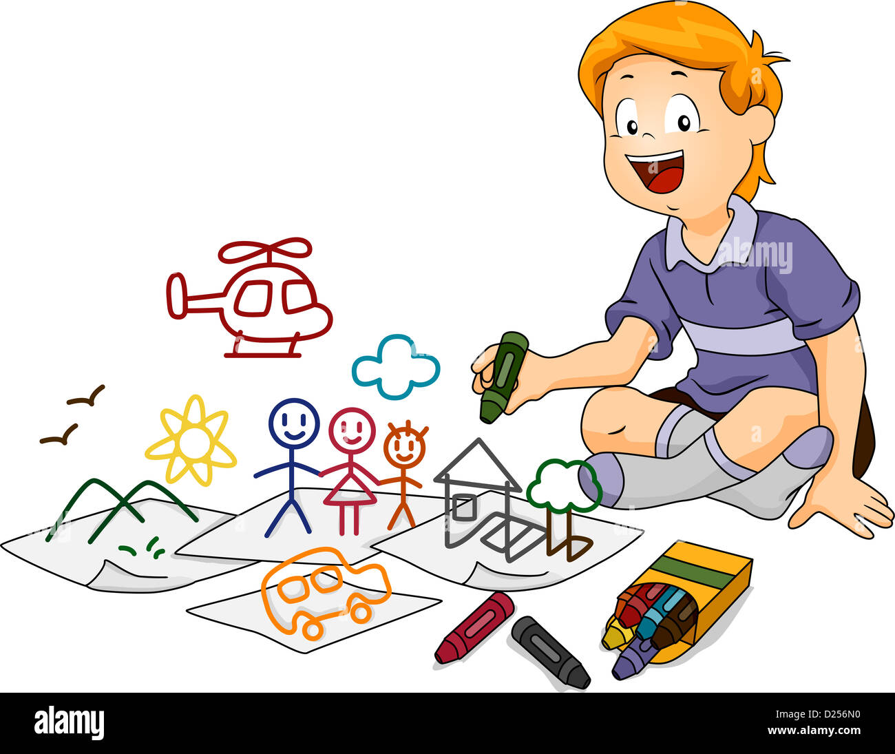Illustration of a Boy Drawing Random Doodles with Crayons Stock Photo ...